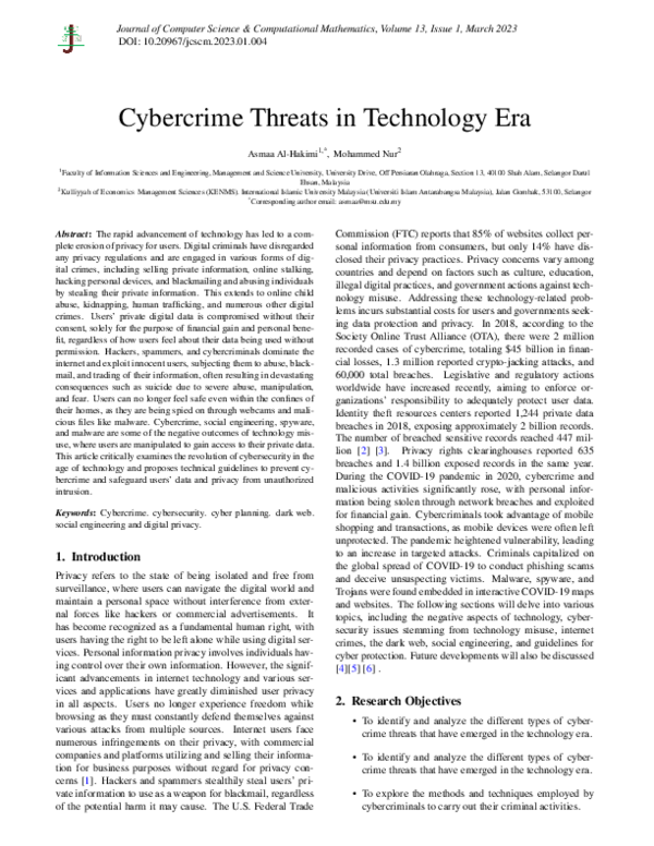 Pdf Cybercrime Threats In Technology Era