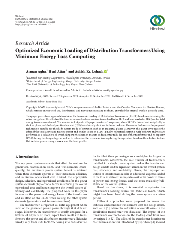 (PDF) Optimized Economic Loading of Distribution Transformers Using Minimum Energy Loss Computing