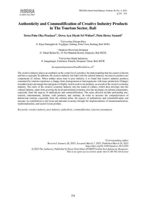 (PDF) Authenticity and Commodification of Creative Industry Products in ...