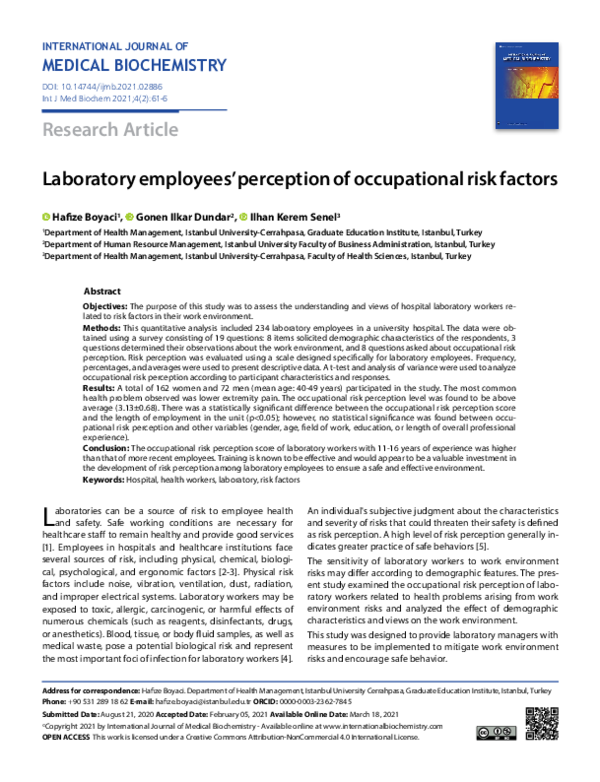 (PDF) Determination of Laboratory Employees Perception On Occupational ...