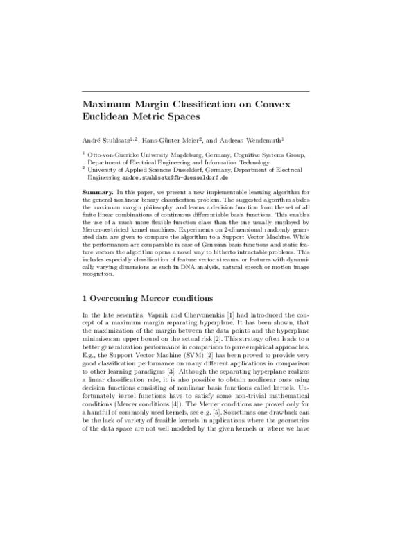 Pdf Maximum Margin Classification On Convex Euclidean Metric Spaces