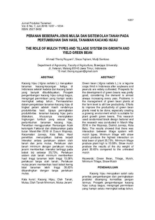 (PDF) Peranan Beberapa Jenis Mulsa Dan Sistem Olah Tanah Pada Pertumbuhan Dan Hasil Tanaman ...