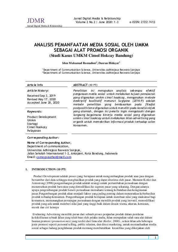 (PDF) ANALISIS PEMANFAATAN MEDIA SOSIAL OLEH UMKM SEBAGAI ALAT PROMOSI ORGANIK (Studi Kasus UMKM ...