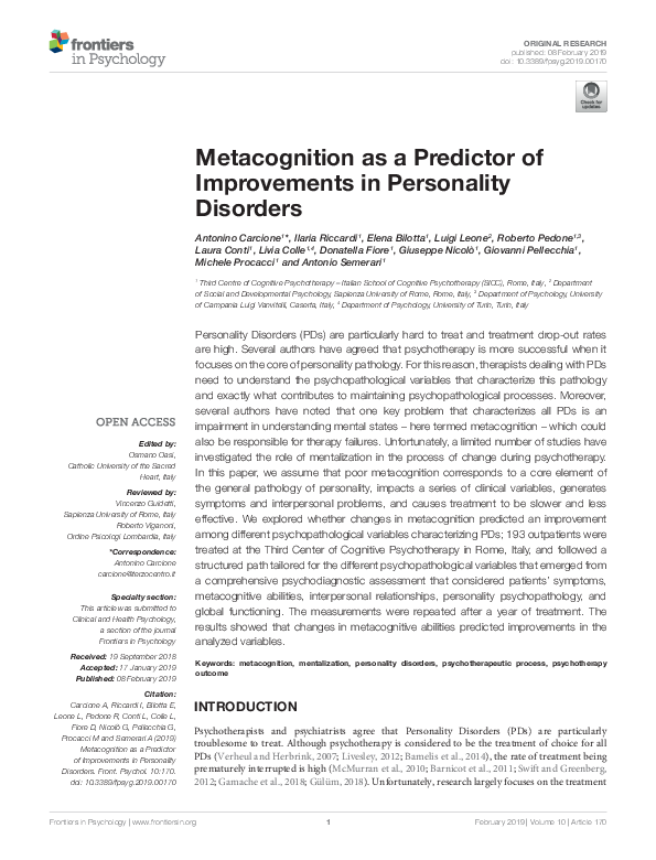 (PDF) Metacognition as a Predictor of Improvements in Personality Disorders