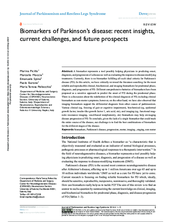 (PDF) Biomarkers of Parkinson's disease: recent insights, current challenges, and future prospects
