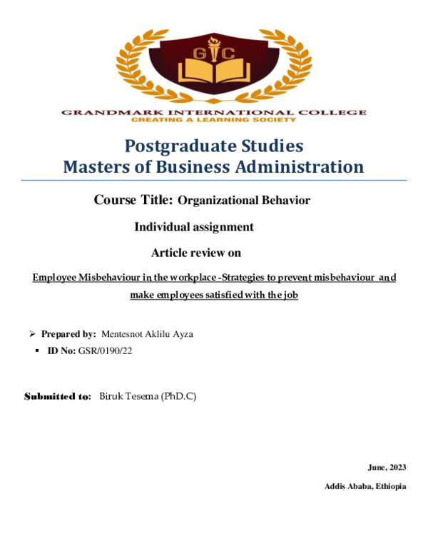 Article Review Onemployee Misbehaviour In The Workplace Strategies To
