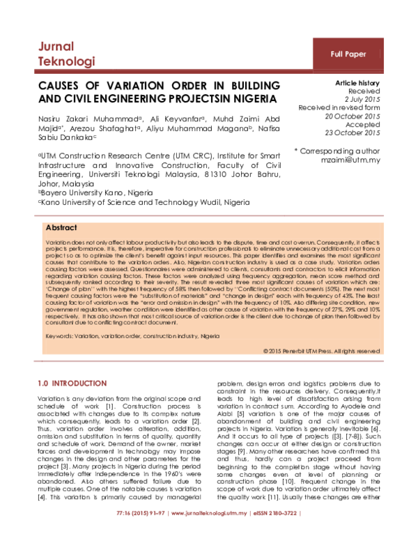 (PDF) Causes of Variation Order in Building and Civil Engineering ...