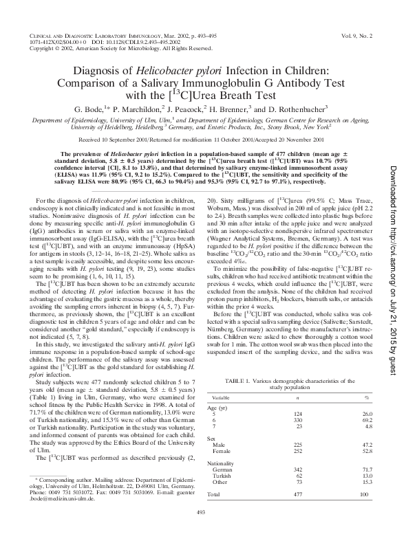 (PDF) Diagnosis ofHelicobacter pyloriInfection in Children: Comparison ...
