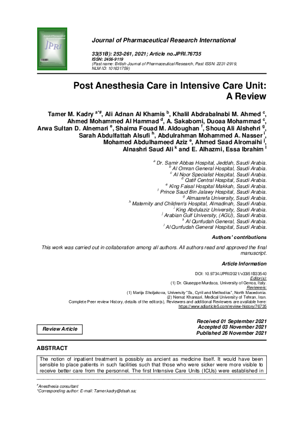 (PDF) Post Anesthesia Care in Intensive Care Unit: A Review