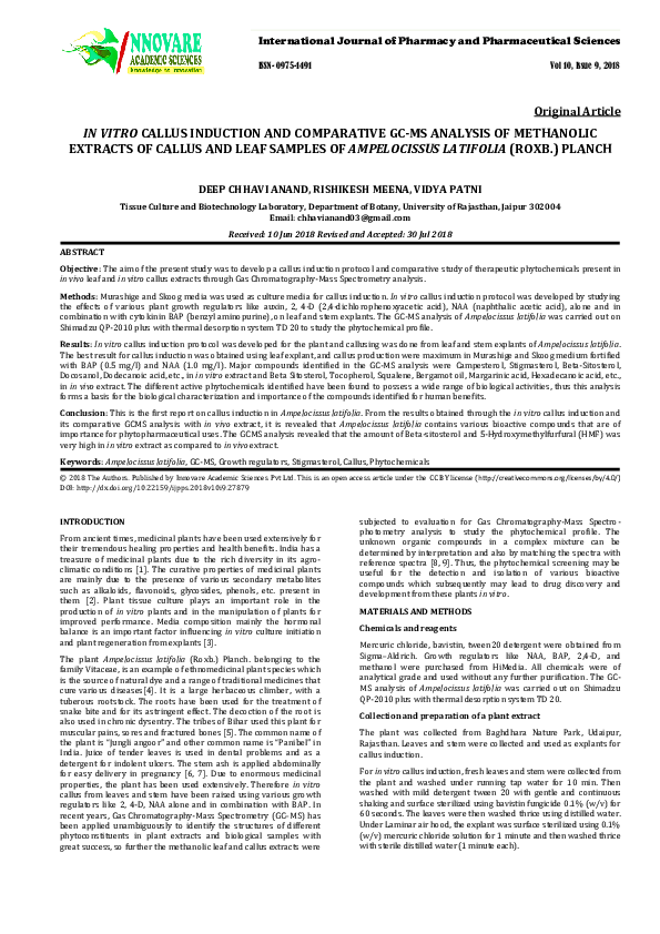 (PDF) IN VITRO CALLUS INDUCTION AND COMPARATIVE GC-MS ANALYSIS OF METHANOLIC EXTRACTS OF CALLUS ...