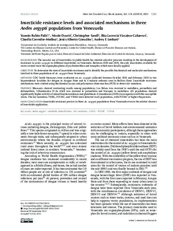 (PDF) Insecticide resistance levels and associated mechanisms in three Aedes aegypti populations ...