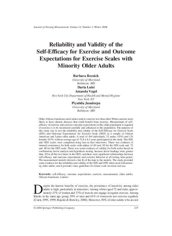 Pdf Reliability And Validity Of The Self Efficacy For Exercise And