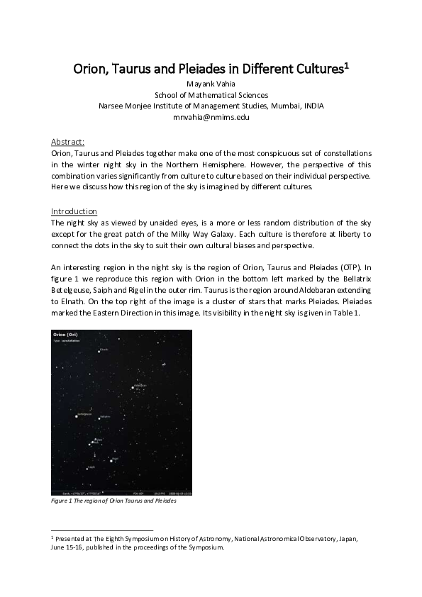 (PDF) Orion, Taurus and Pleiades in Different Cultures 1
