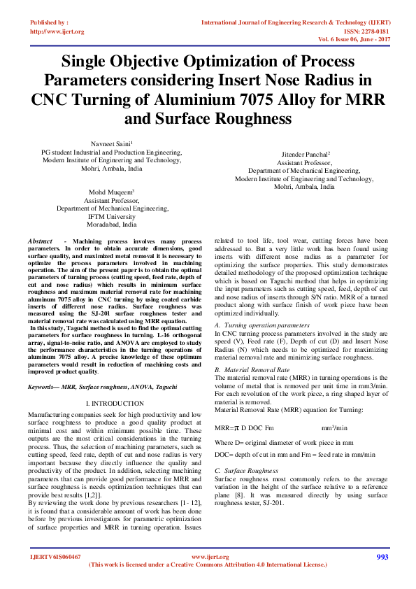 Pdf Single Objective Optimization Of Process Parameters Considering Insert Nose Radius In Cnc