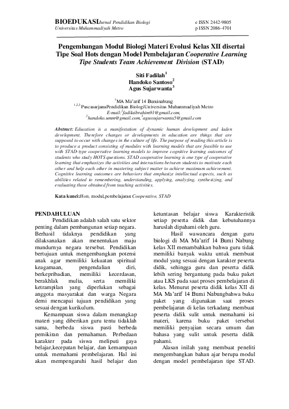 (PDF) Pengembangan Modul Biologi Materi Evolusi Kelas XII disertai Tipe Soal Hots dengan Model ...