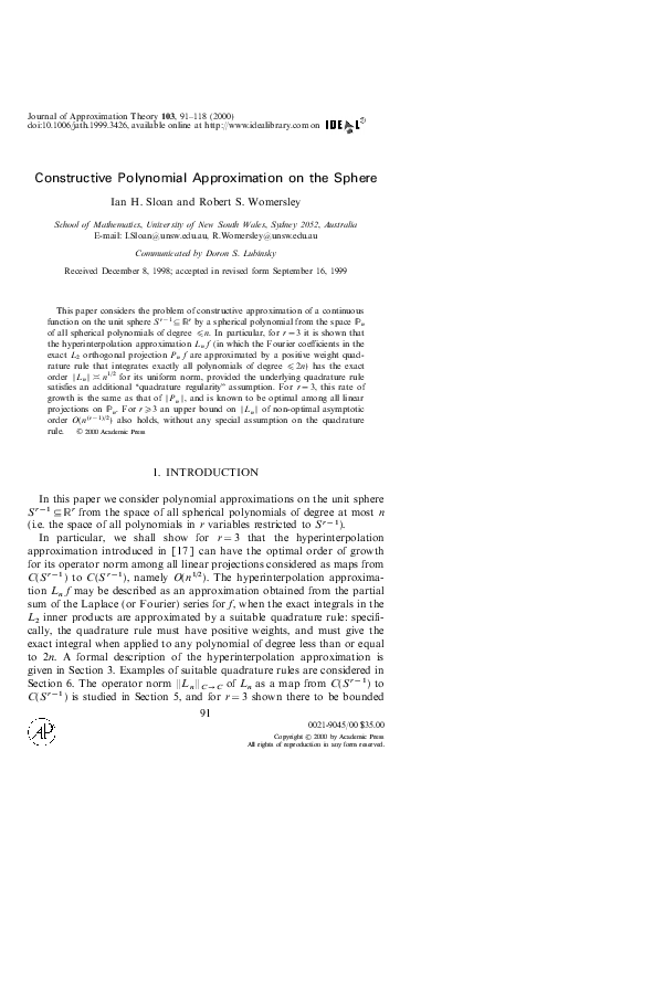 (PDF) Constructive Polynomial Approximation on the Sphere