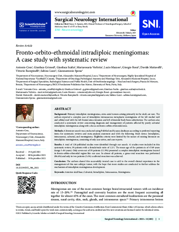 (PDF) Fronto-orbito-ethmoidal intradiploic meningiomas: A case study with systematic review