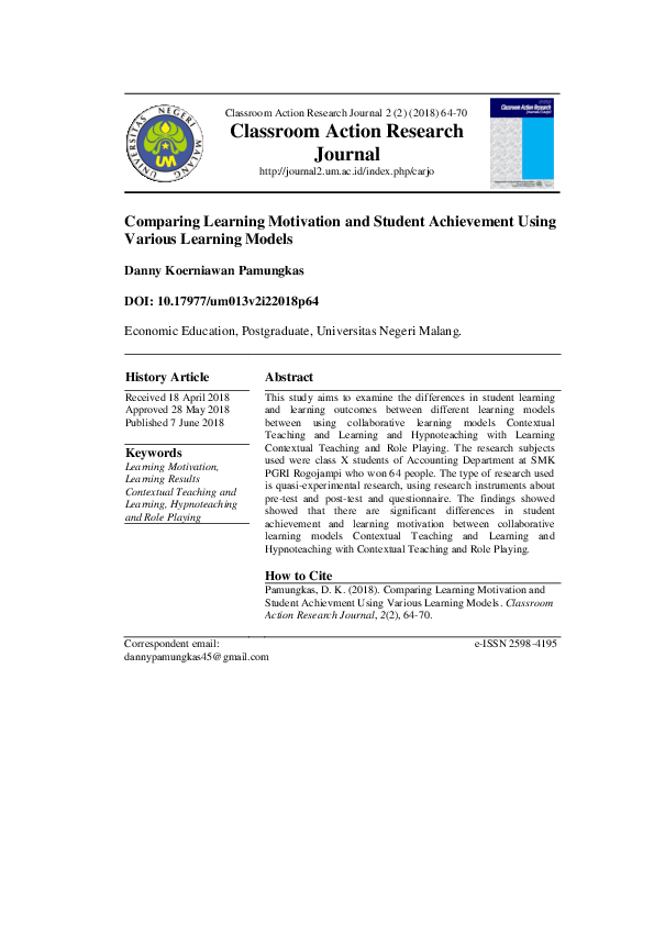 (PDF) Comparing Learning Motivation and Student Achievement Using Various Learning Models