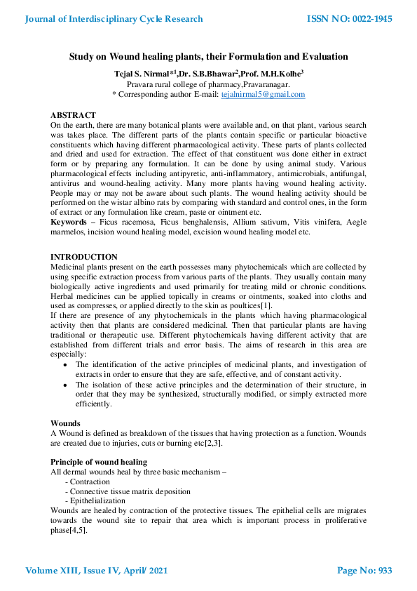(PDF) Study on Wound healing plants, their Formulation and Evaluation