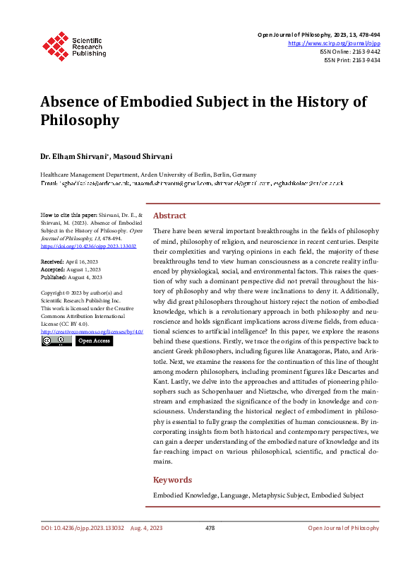 (PDF) Absence of Embodied Subject in the History of Philosophy