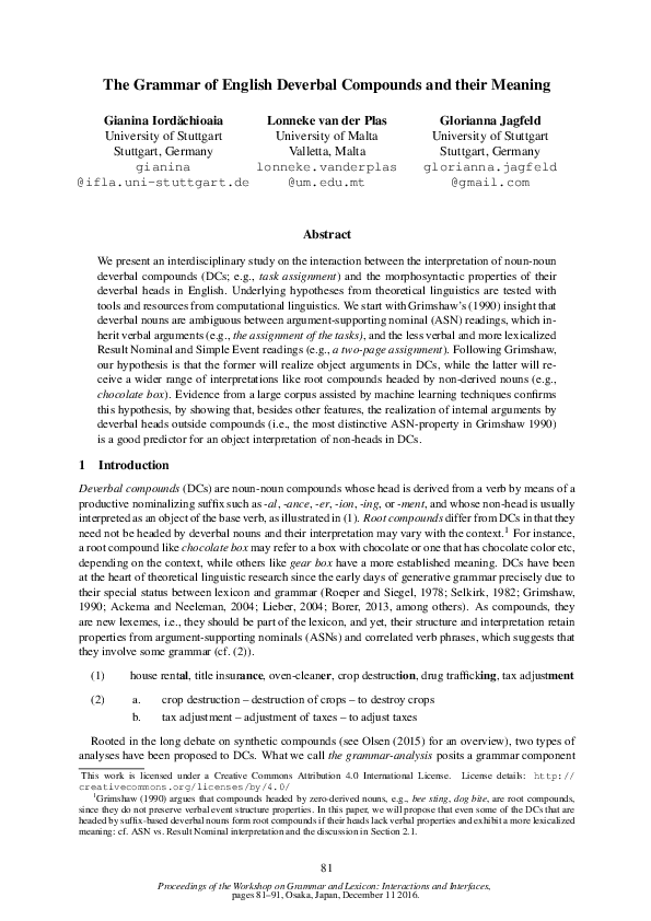 (PDF) The Grammar of English Deverbal Compounds and their Meaning