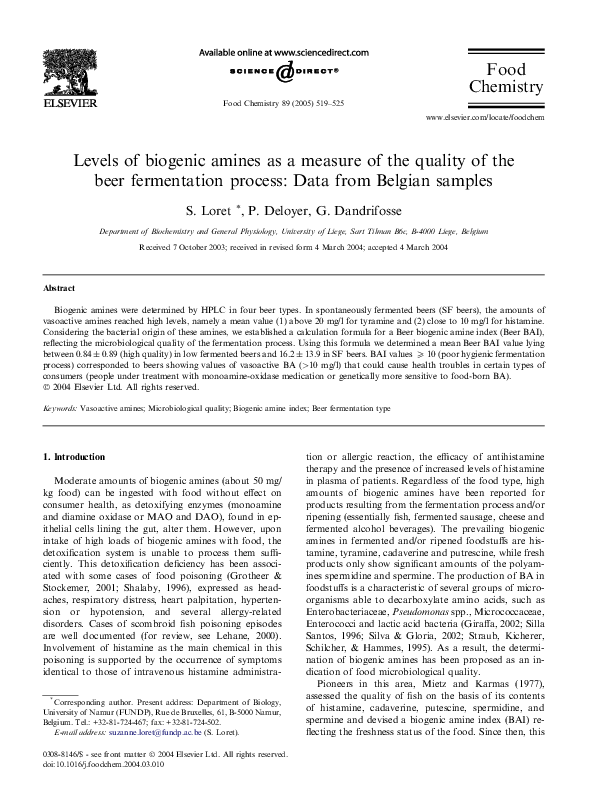 (PDF) Levels of biogenic amines as a measure of the quality of the beer ...