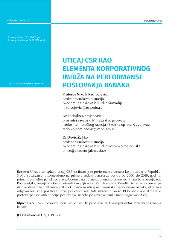 (PDF) The influence of CSR as an element of corporate image on the performance of bank operations
