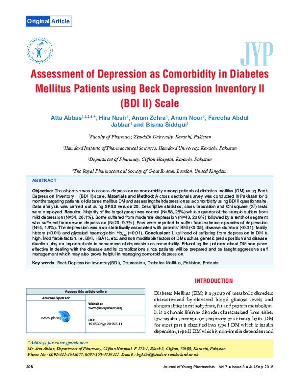 (PDF) Assessment of Depression as Comorbidity in Diabetes Mellitus ...