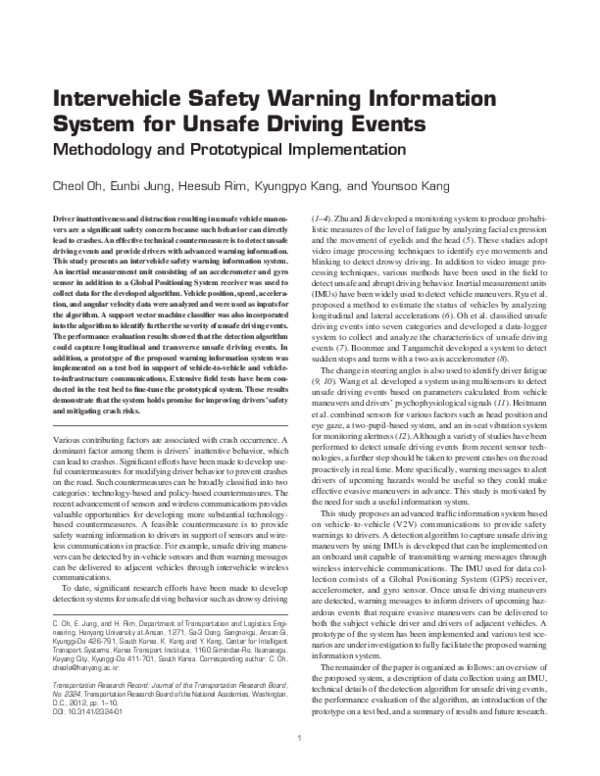 (PDF) Intervehicle Safety Warning Information System for Unsafe Driving ...