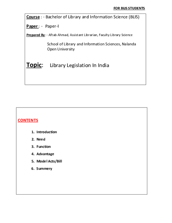 (PDF) Topic: Library Legislation In India