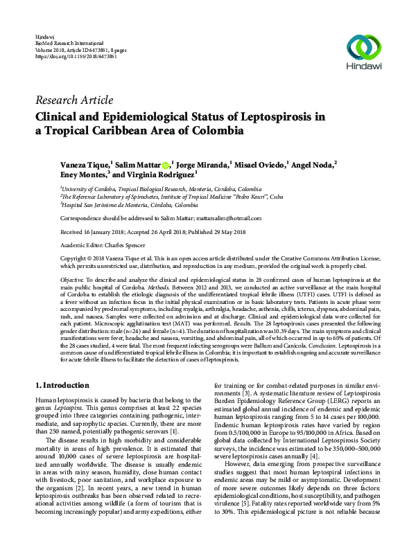 (PDF) Clinical and Epidemiological Status of Leptospirosis in a Tropical Caribbean Area of Colombia