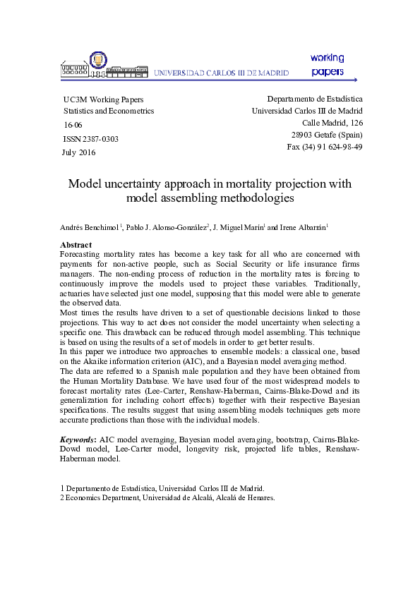(PDF) Model uncertainty approach in mortality projection with model assembling methodologies