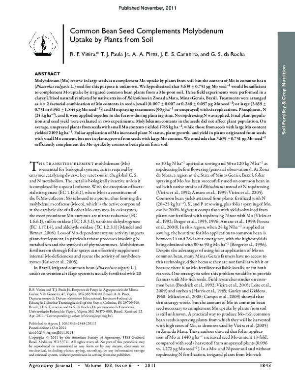 (PDF) Common Bean Seed Complements Molybdenum Uptake by Plants from Soil