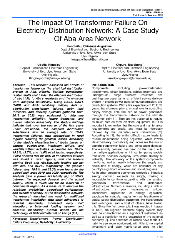 (PDF) The Impact Of Transformer Failure On Electricity Distribution Network: A Case Study Of Aba ...