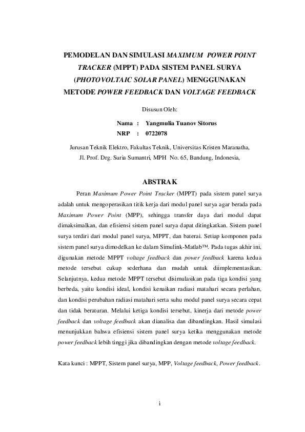 (PDF) Pemodelan dan Simulasi Maximum Power Point Tracker (MPPT) Pada Sistem Panel Surya ...