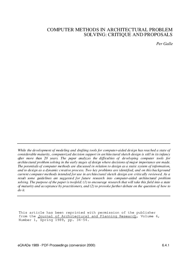 (PDF) Computer Methods in Architectural Problem Solving: Critique and Proposals