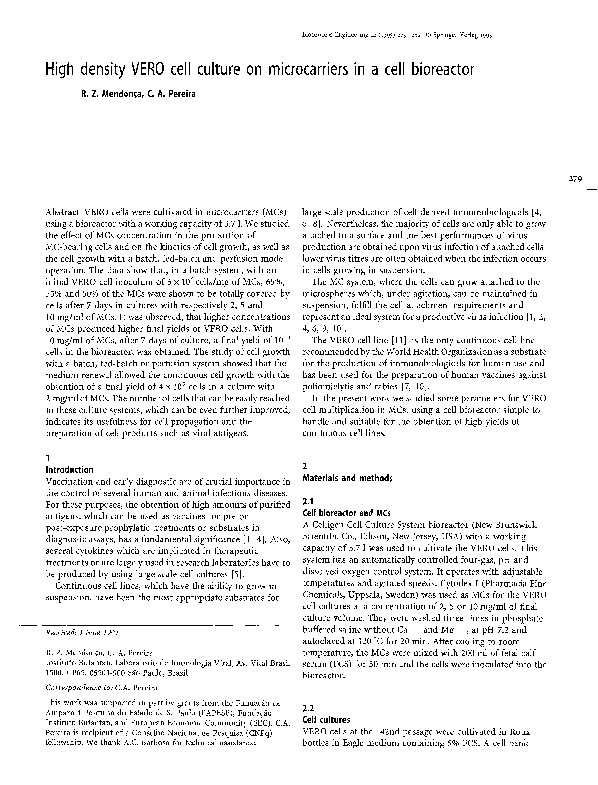 (PDF) High density VERO cell culture on microcarriers in a cell bioreactor