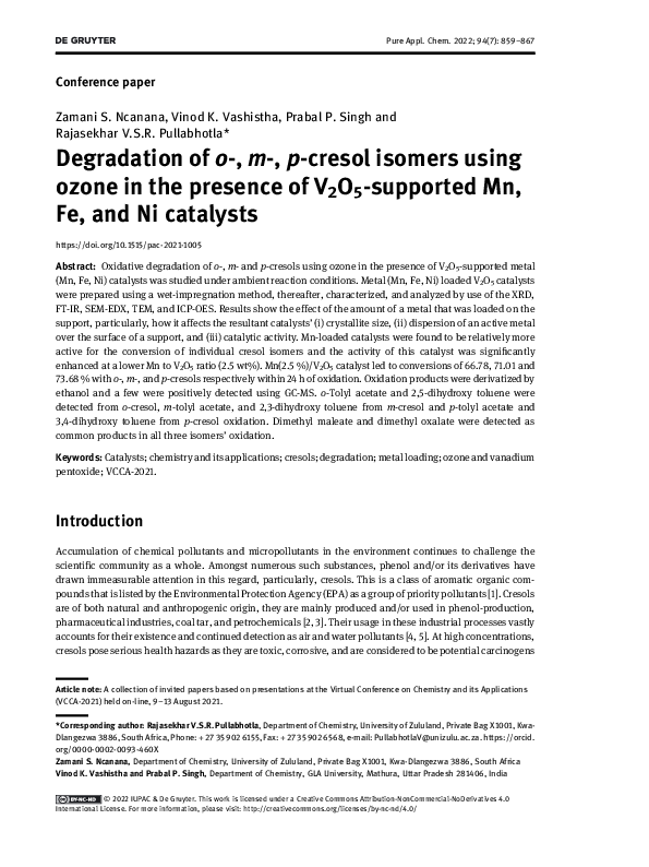 (PDF) Degradation of o-, m-, p-cresol isomers using ozone in the ...