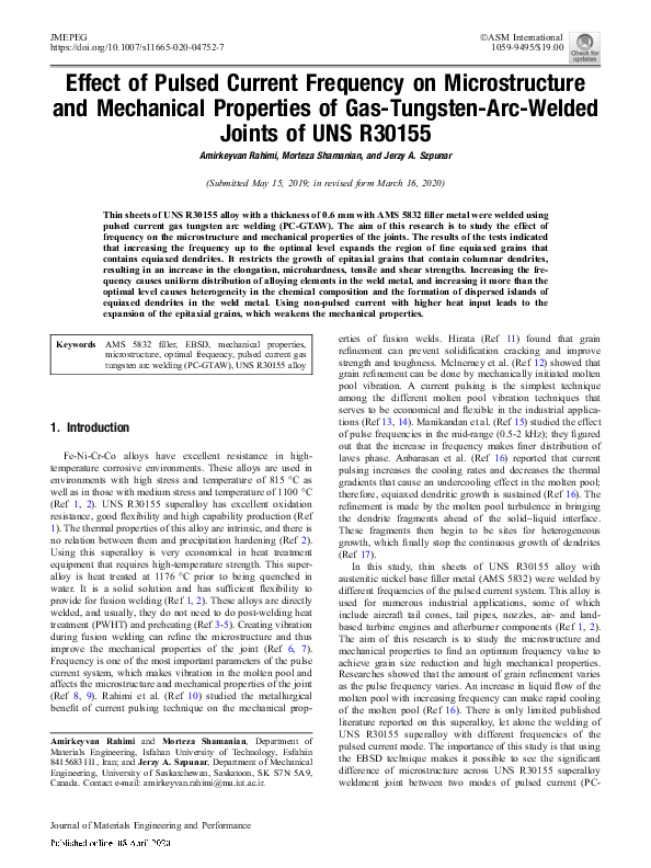 (PDF) Effect of Pulsed Current Frequency on Microstructure and Mechanical Properties of Gas ...