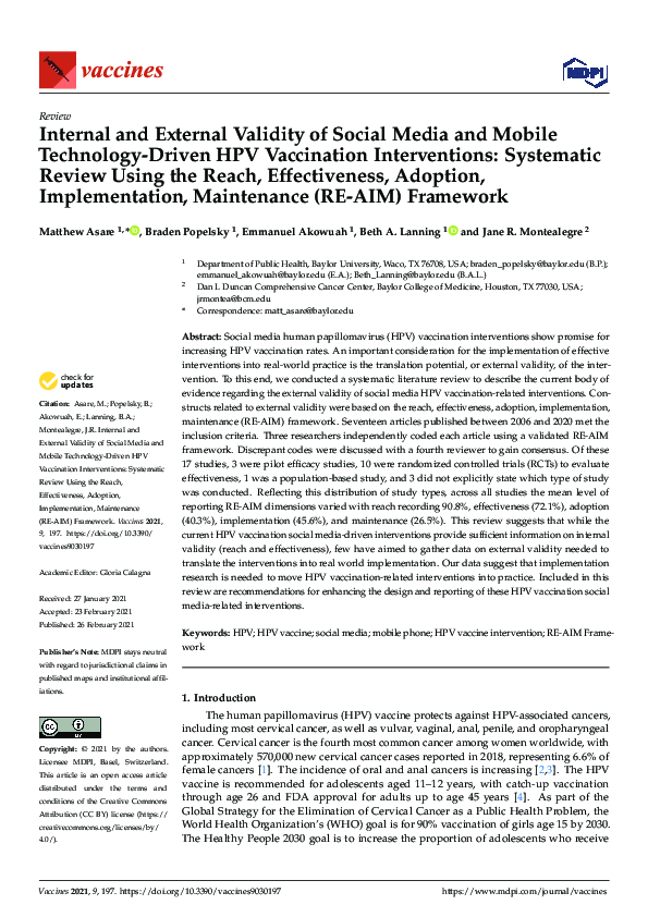 (PDF) Internal and External Validity of Social Media and Mobile Technology-Driven HPV ...