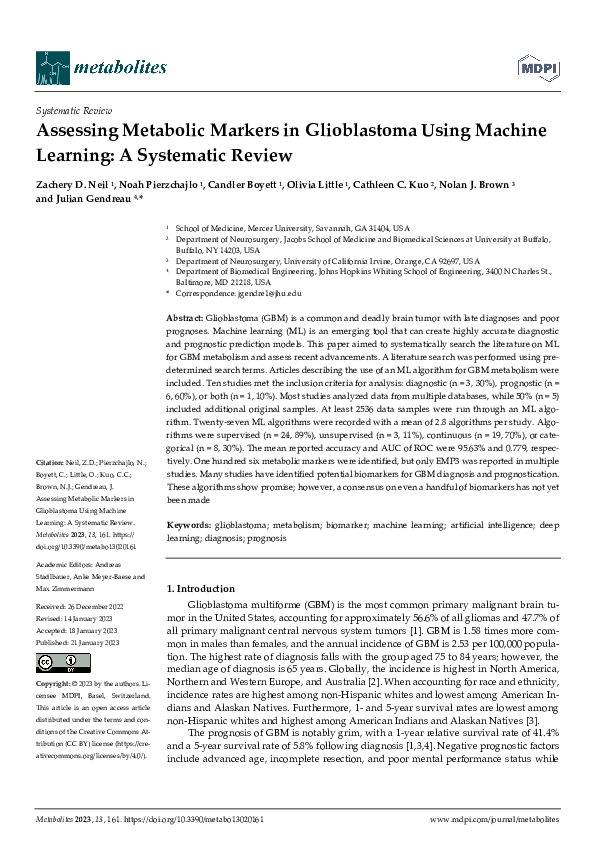 (PDF) Assessing Metabolic Markers in Glioblastoma Using Machine ...