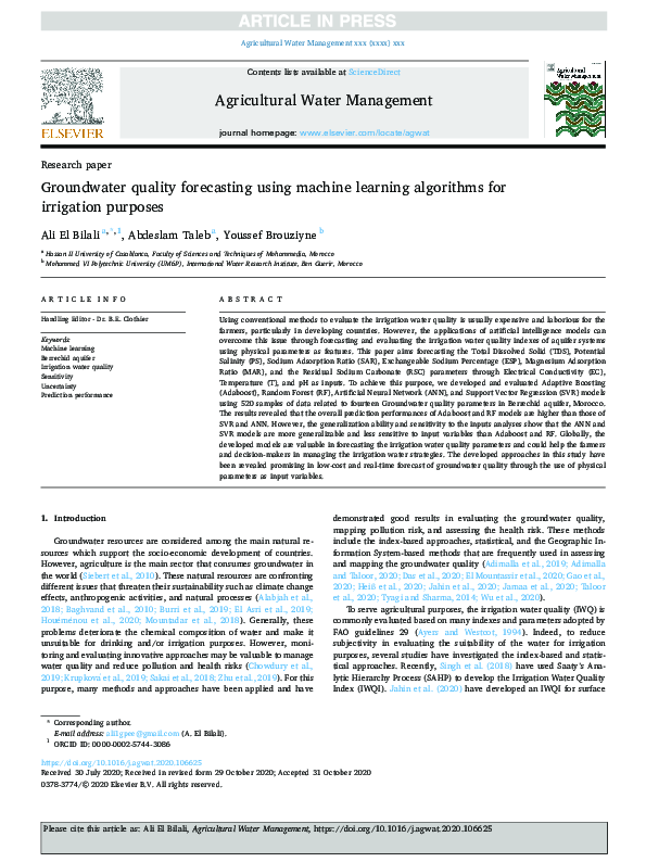 (PDF) Groundwater quality forecasting using machine learning algorithms ...