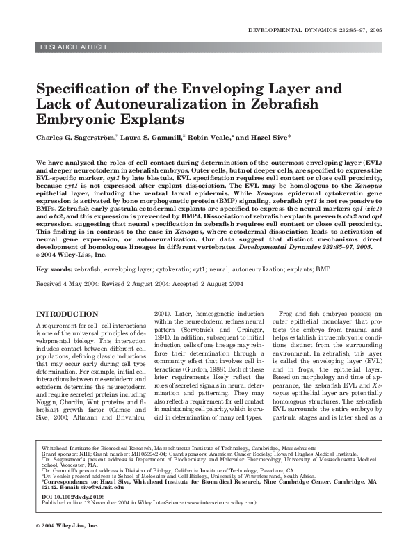 (PDF) Specification of the enveloping layer and lack of ...