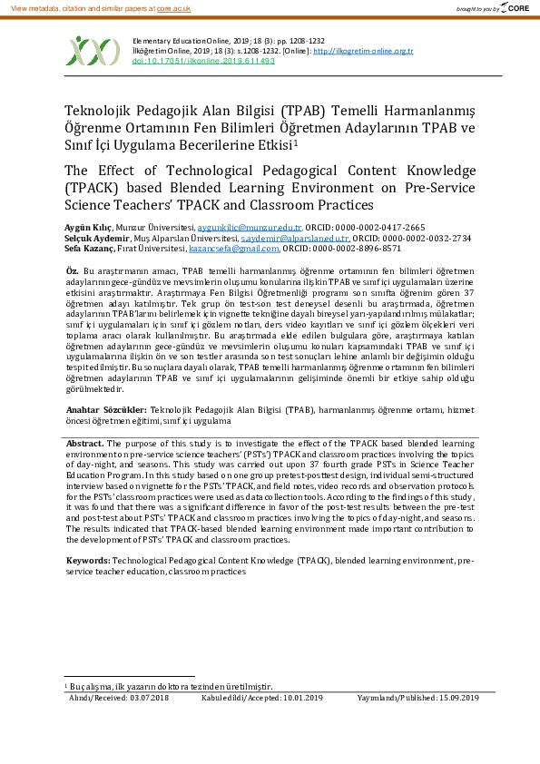 (PDF) Teknolojik Pedagojik Alan Bilgisi (TPAB) Temelli Harmanlanmış ...