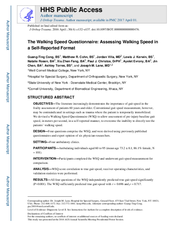 (PDF) The Walking Speed Questionnaire: Assessing Walking Speed in a ...
