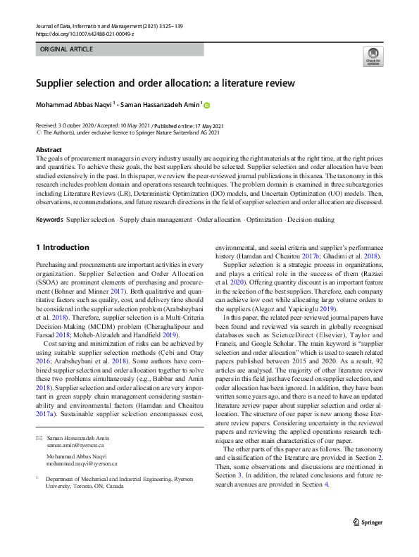 Pdf Supplier Selection And Order Allocation A Literature Review