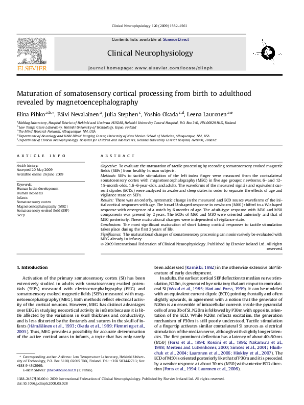 (PDF) Maturation of somatosensory cortical processing from birth to adulthood revealed by ...