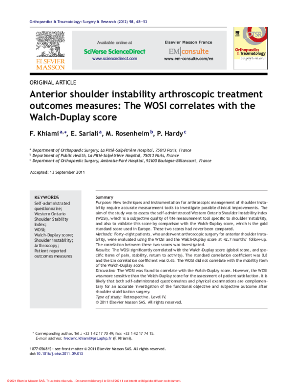 (PDF) Anterior shoulder instability arthroscopic treatment outcomes ...