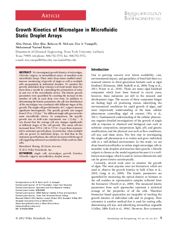 (PDF) Growth kinetics of microalgae in microfluidic static droplet arrays