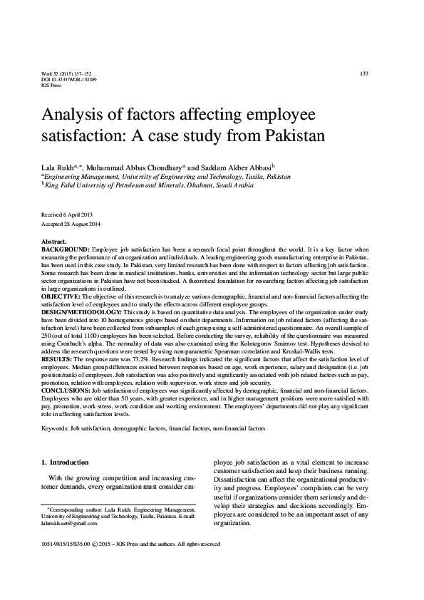 (PDF) Analysis of factors affecting employee satisfaction: A case study from Pakistan